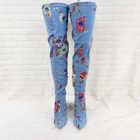 chic | Shoes | Stretch Floral Print Denim Draw String Top High Heel ...